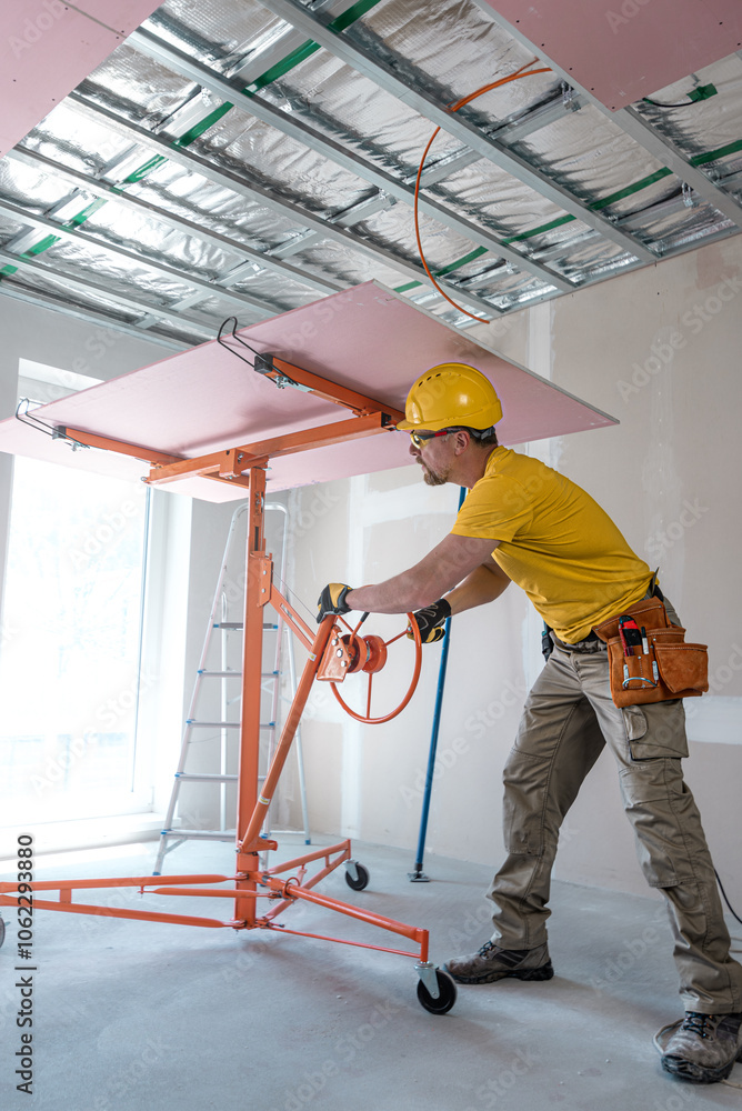 The worker picks up a plasterboard to the ceiling. He is using special ...