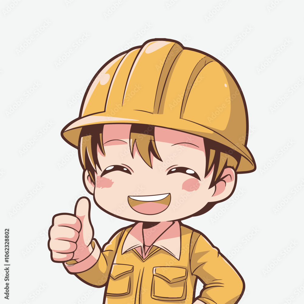 anime chibi cartoon boy construction worker in yellow helmet and ...