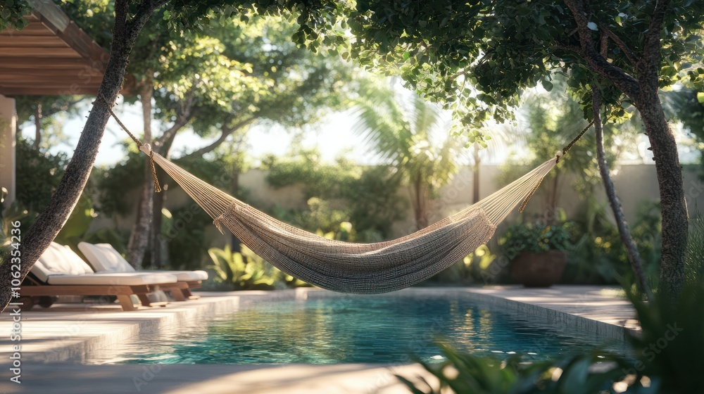 Hammock hanging between trees near the swimming pool, nobody. Summer ...