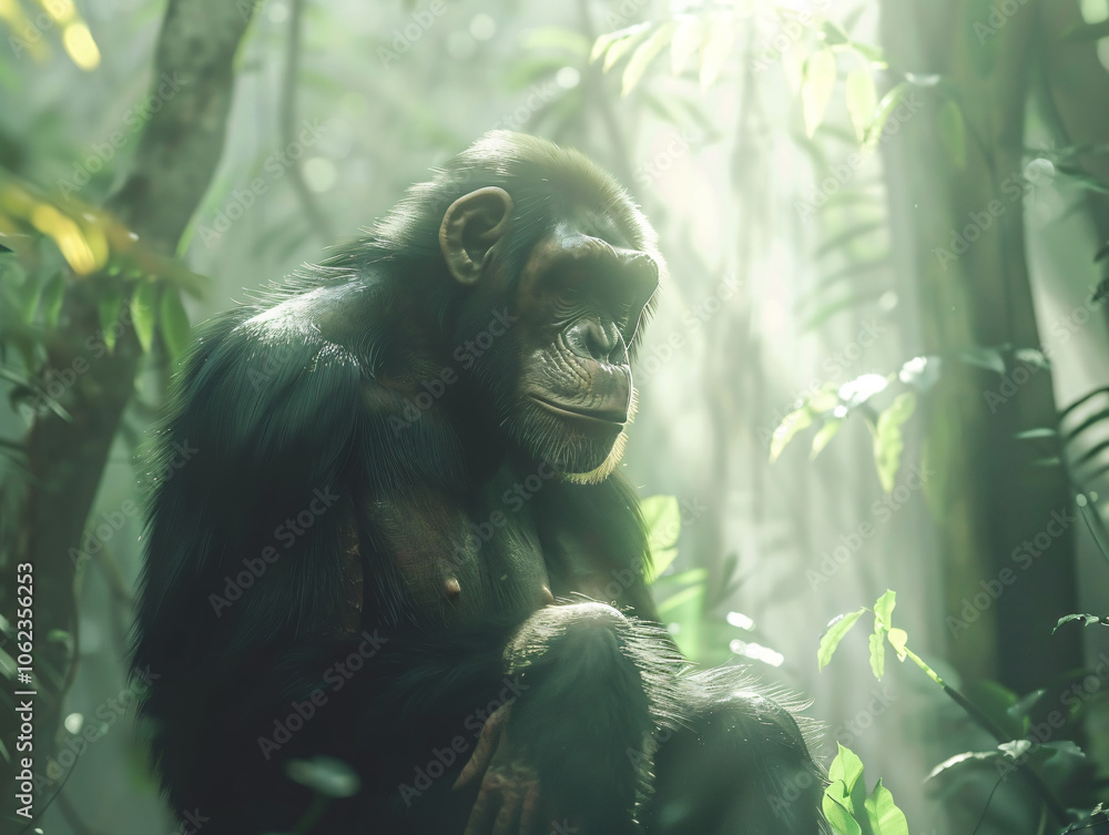 Ape, sitting thoughtfully in a dense jungle, sunlight streaming down ...