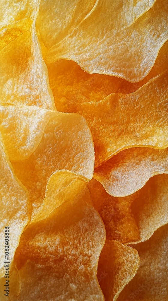 Crispy golden potato chips stacked in a close-up view, showcasing their ...