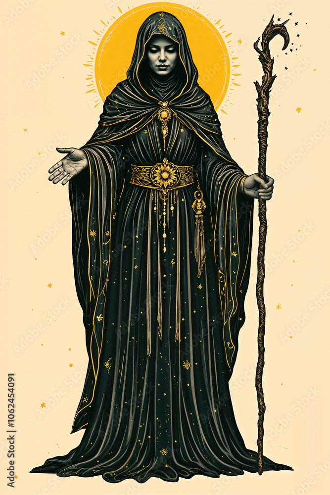 Ancient mysticism high priestess of divine light wearing a black and ...