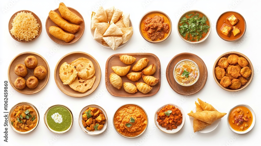 Many Indian, Desi foods top view, isolated on white background. curry ...