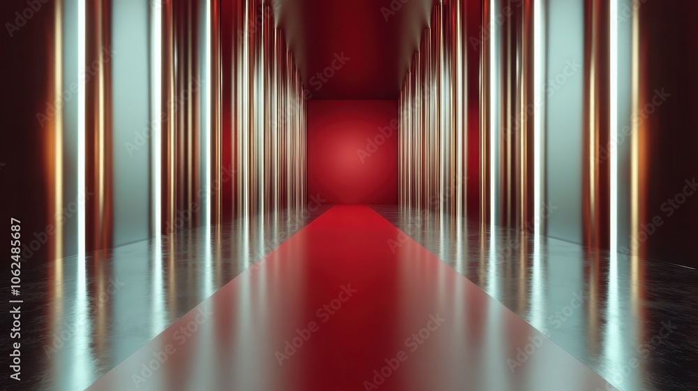 An abstract view of a red corridor lined with reflective metallic ...