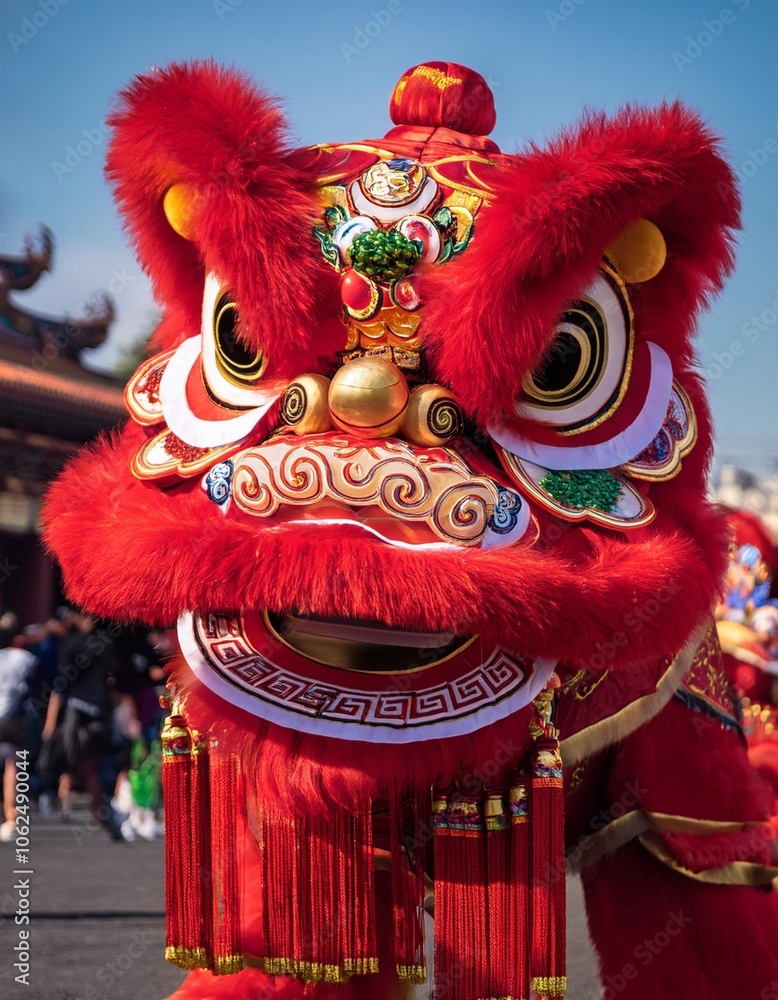 Vibrant red Chinese Lion Dance in action, symbolizing good luck and ...