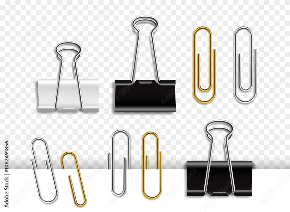 Vector illustration of office supplies, featuring binder clips, paper ...