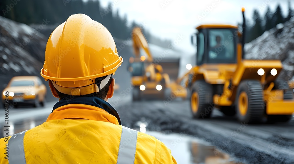 Photo Stock Focused engineer watching paving equipment lay fresh ...