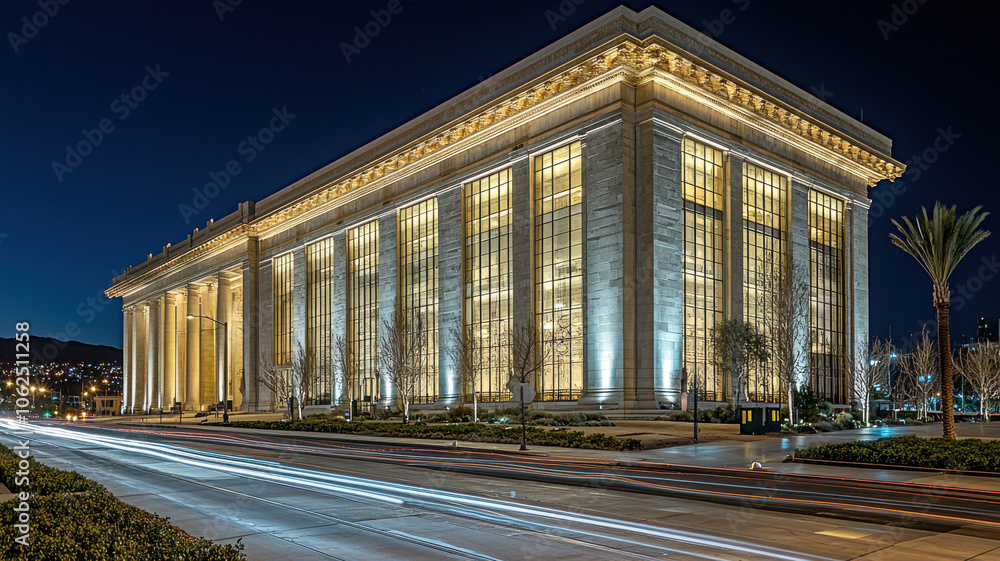 grand bank building exterior with large columns, illuminated at night ...