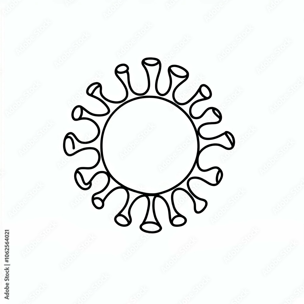 A detailed black and white illustration features a circular virus with ...