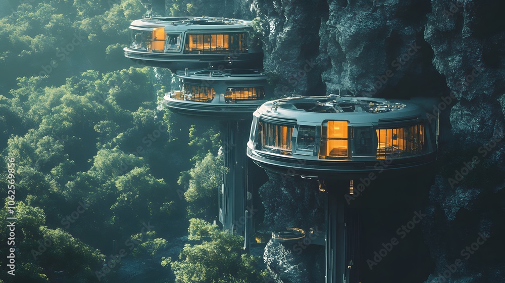 Drone photography of a cliffside sci-fi resort with cantilevered rooms ...