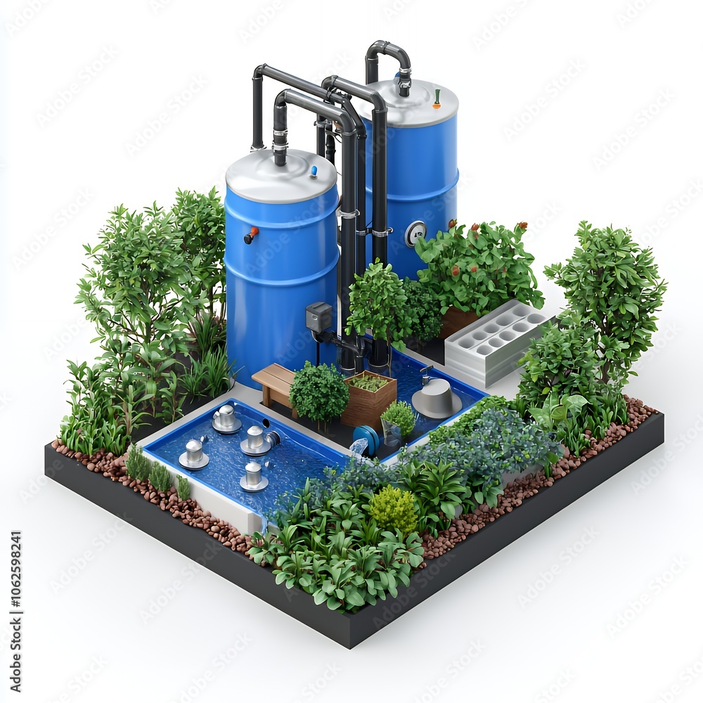 Isometric illustration of a sustainable water treatment system with a ...