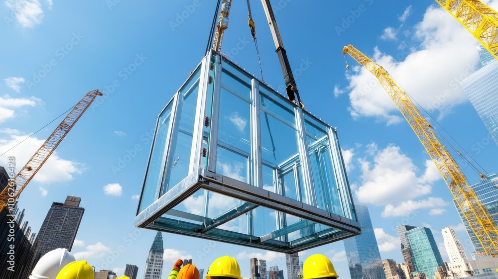 Construction workers guiding a glass cube with a crane in an urban ...