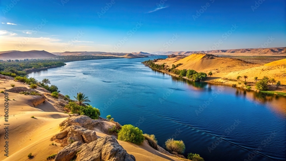 Wide-angle Nubian desert landscape with Nile river and clear sky serene ...
