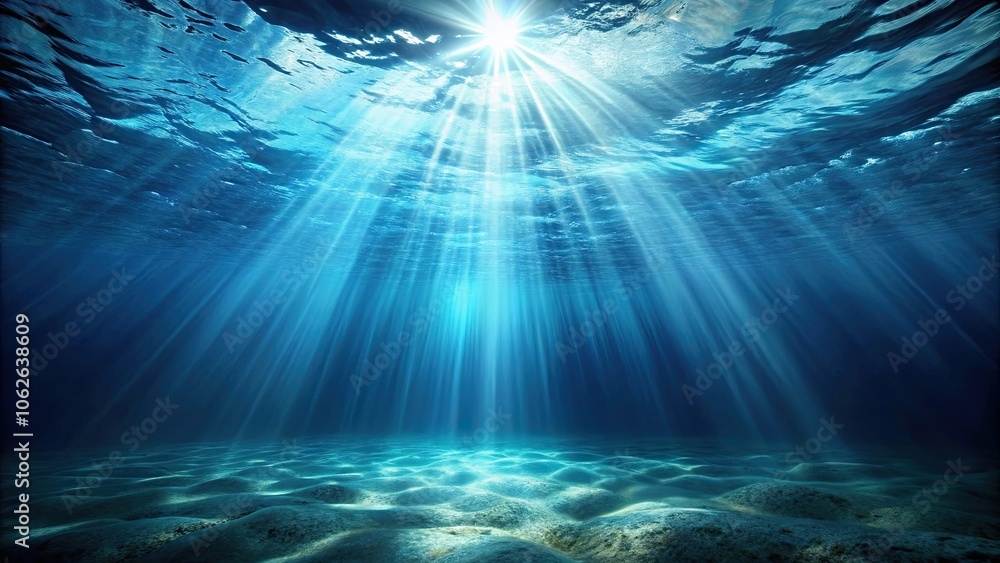 Dark and mysterious ocean depths with shimmering underwater light rays ...
