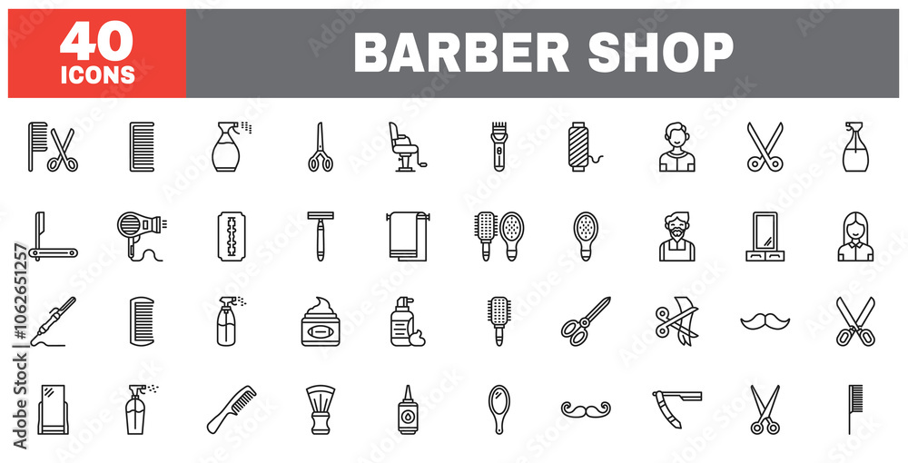 Set of 40 line icons barber shop. Outline icon collection. Editable ...