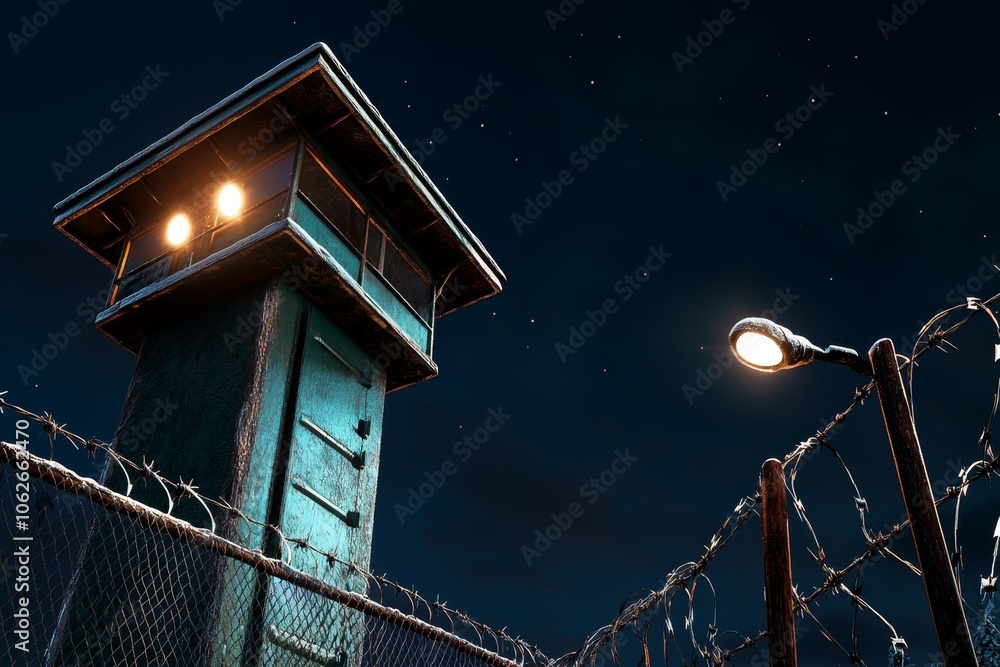 Retro-inspired guard tower with searchlights and old-fashioned barbed ...