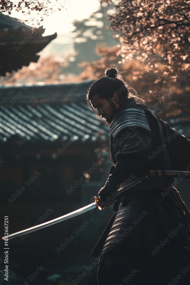Samurai wielding a knife amidst dramatic cliffs and traditional ...