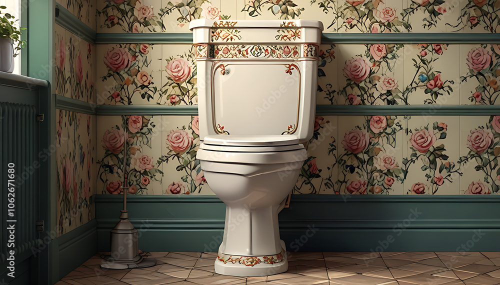 Vintage Victorian Toilet with Porcelain Detailing and Floral Designs in ...
