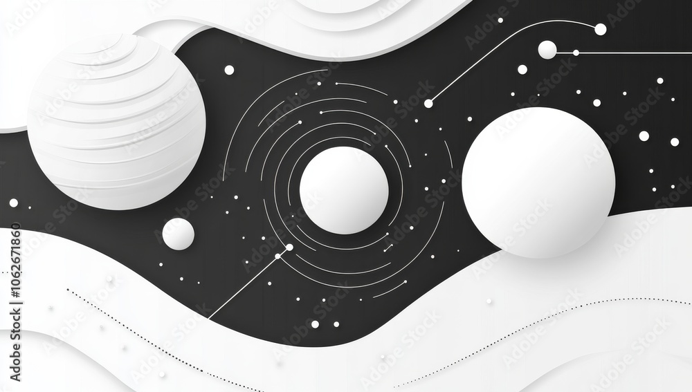 lat illustration of space, in black and white, with simple shapes ...