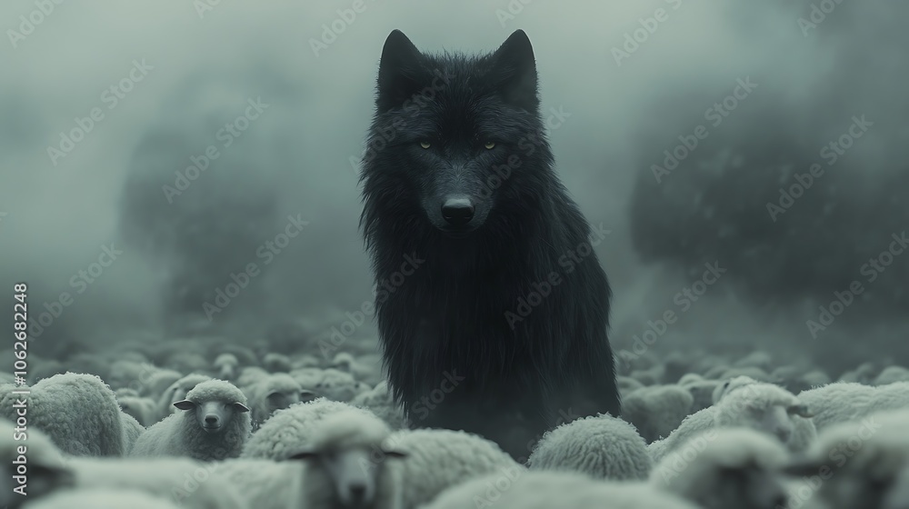 Confident black wolf standing proud in the heart of a vast crowd of ...