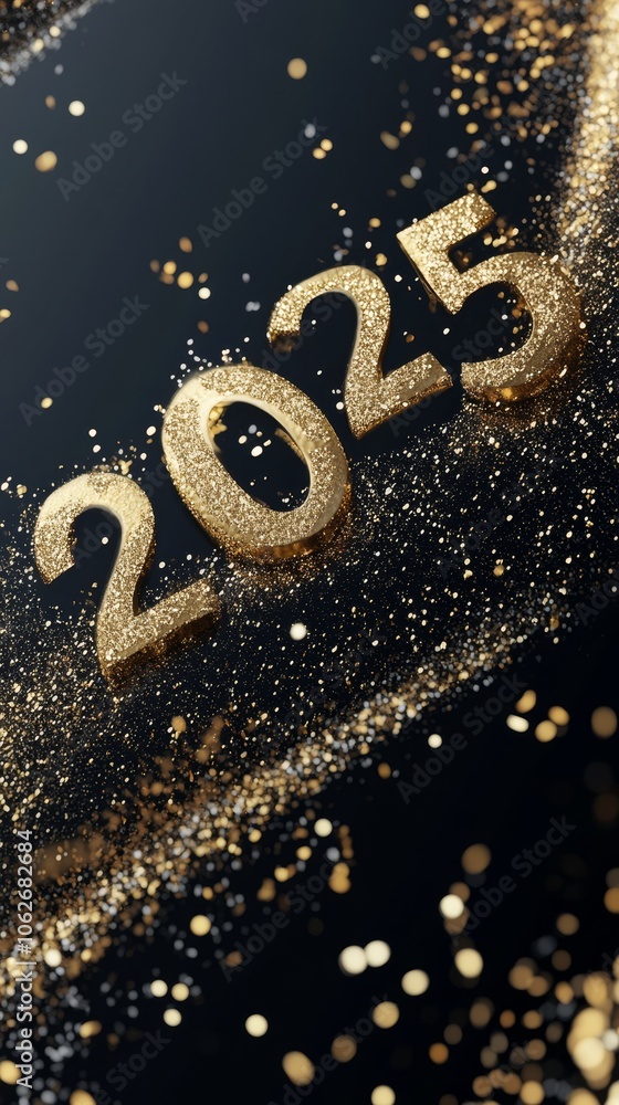 2025 New Year background in black and gold colors. Vertical golden ...