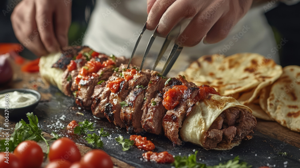 A chef is making delicious Turkish Doner Kebab, a type of meat that's ...