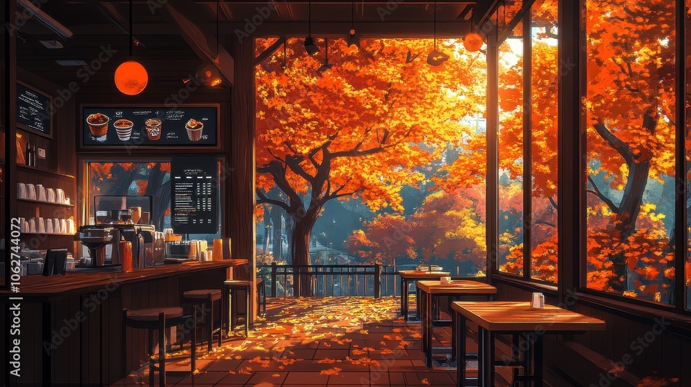 Illustration Stock autumn night cafe wood interio twitch zoom vtuber ...