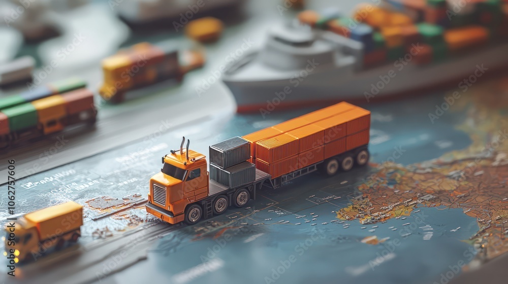 Artistic 3D depiction of a global logistics map with vehicles and ...