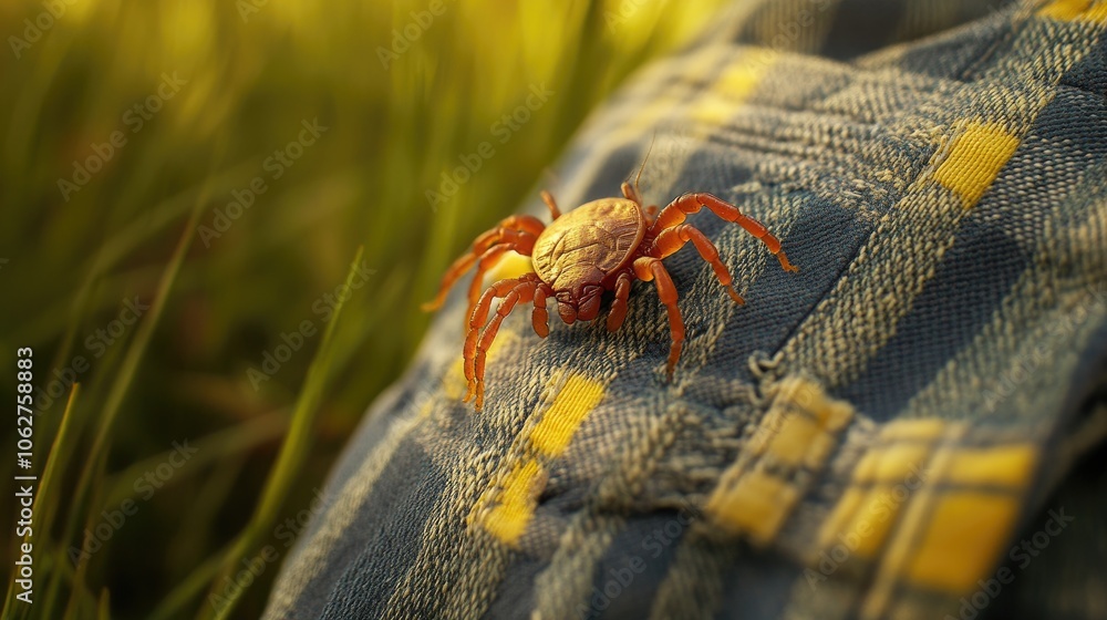 Tick crawling on blue and yellow fabric. This photo shows a tick, a ...
