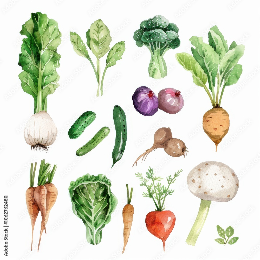 spring vegetables, Clipart set, watercolour texture, simple, plain ...