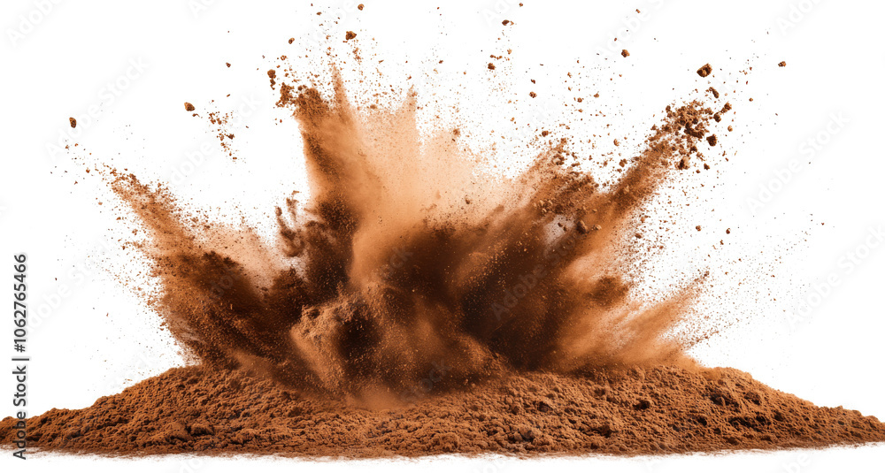 Explosion of cocoa powder on transparent background, dynamic movement ...