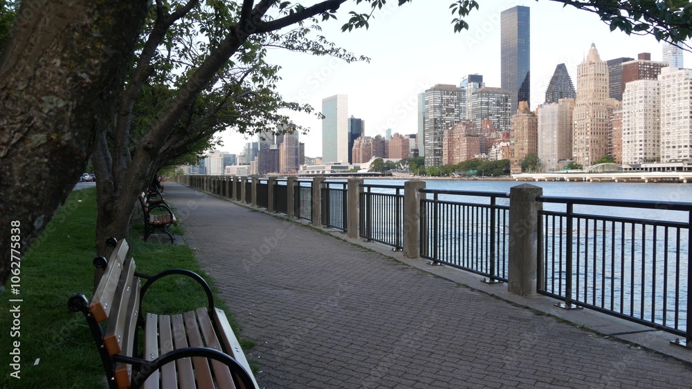 New York City waterfront skyline, Manhattan Midtown buildings ...