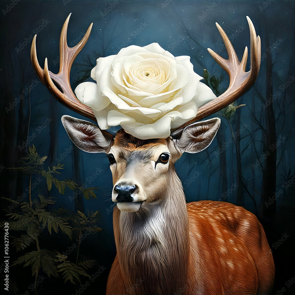 surreal fine art portrait of deer with white rose head on dark textured ...