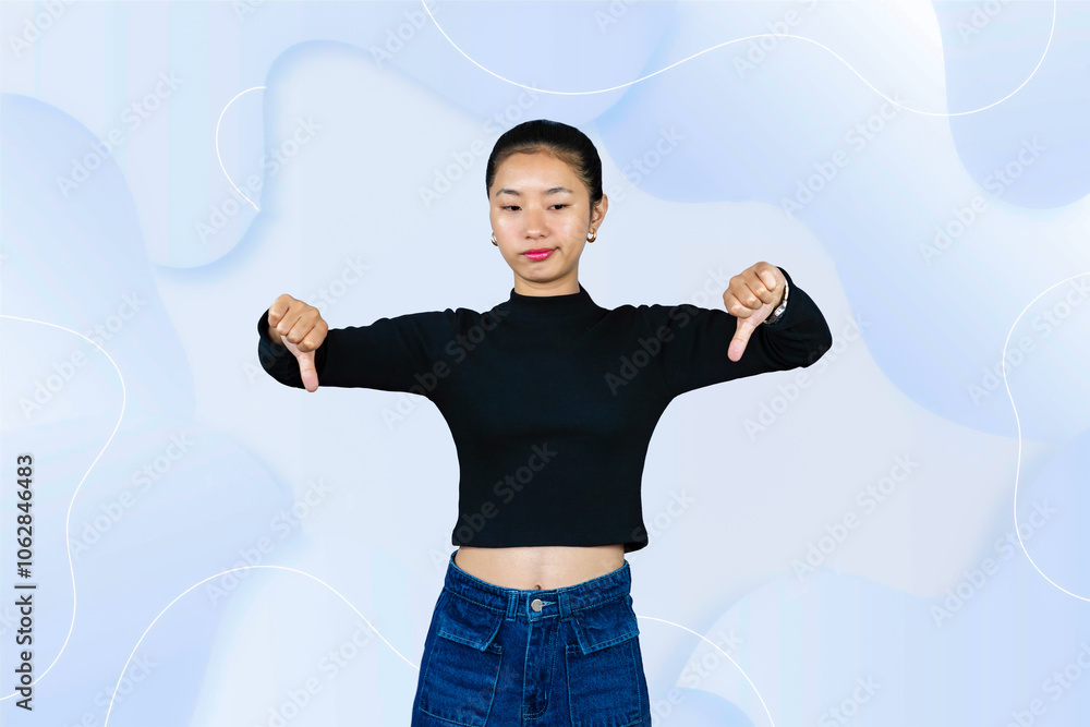 Young Asian Girl gives gestures of pointing presenting, expression of ...