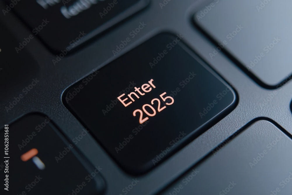 Foto de Stock Entering 2025: pressing the enter key on a futuristic ...