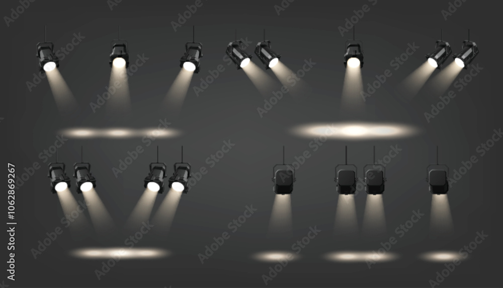 Professional stage spotlights with various beam configurations ...