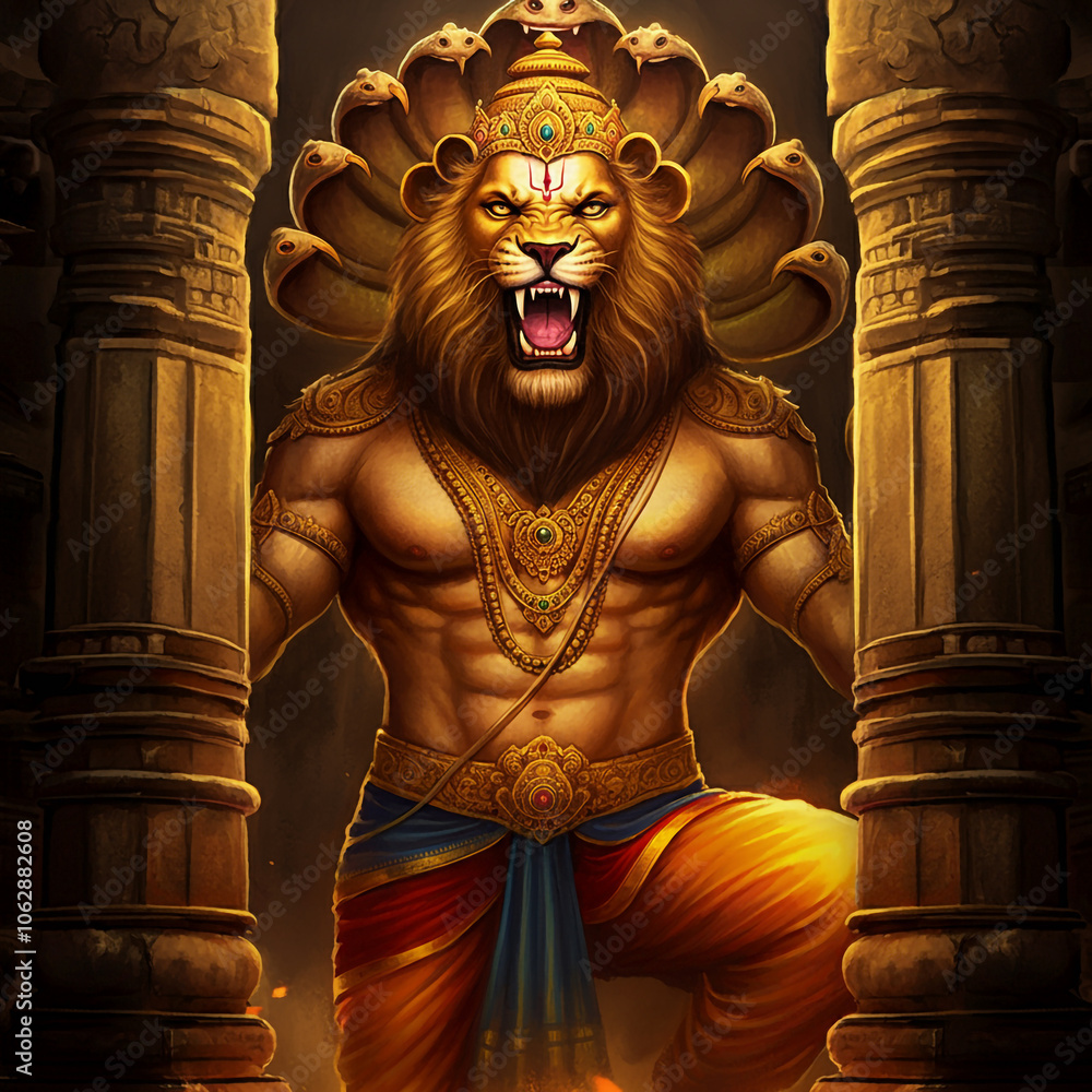 Illustration of Lord Narasimha, the fierce half-lion, half-man avatar ...