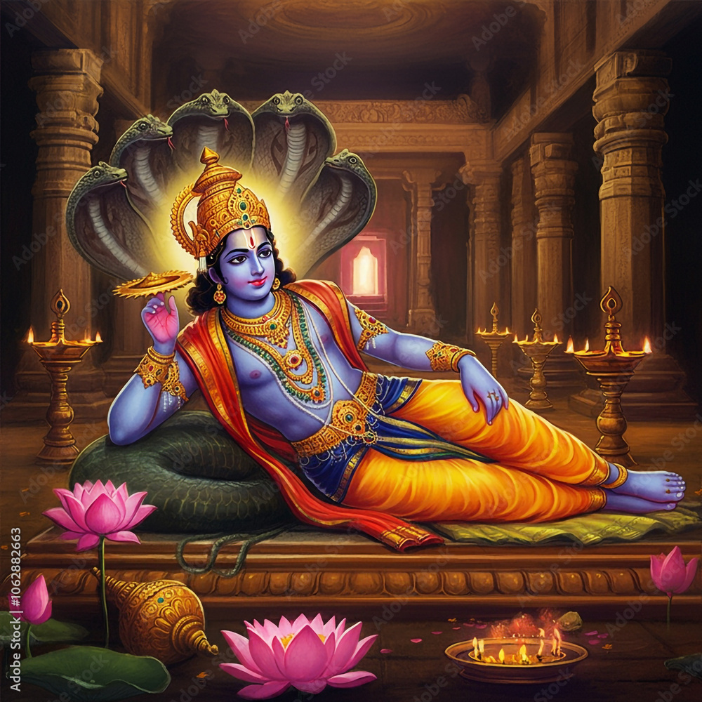 Sacred depiction of Lord Vishnu in a reclining position on Sheshanaga ...