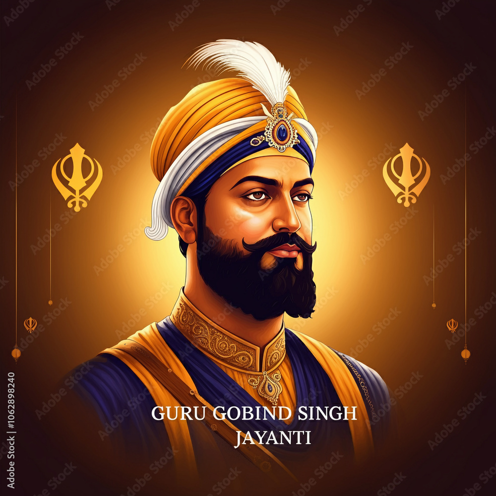 Iconic portrayal of Guru Gobind Singh Ji, adorned with Sikh symbols ...