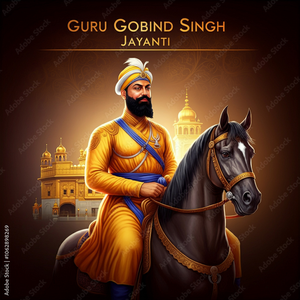 Guru Gobind Singh Ji on horseback, reflecting valor and resilience, key ...