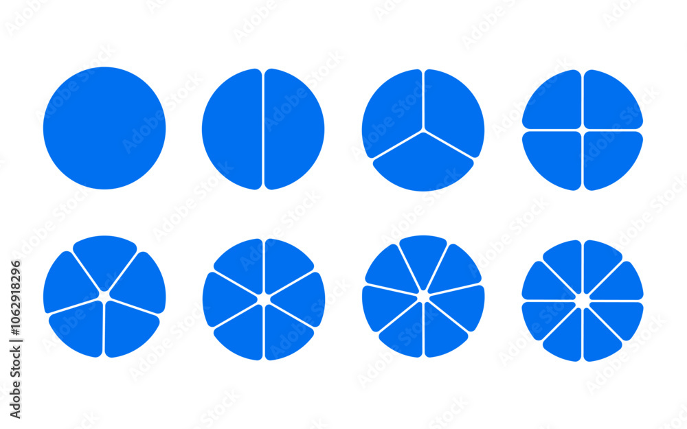 Circular diagram with blue segments. Wheel division into fractions with ...