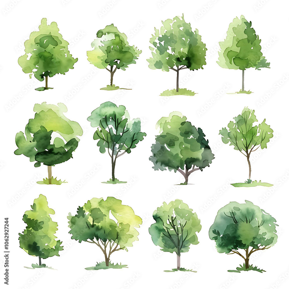 Set of watercolor green tree isolated on white background for landscape ...