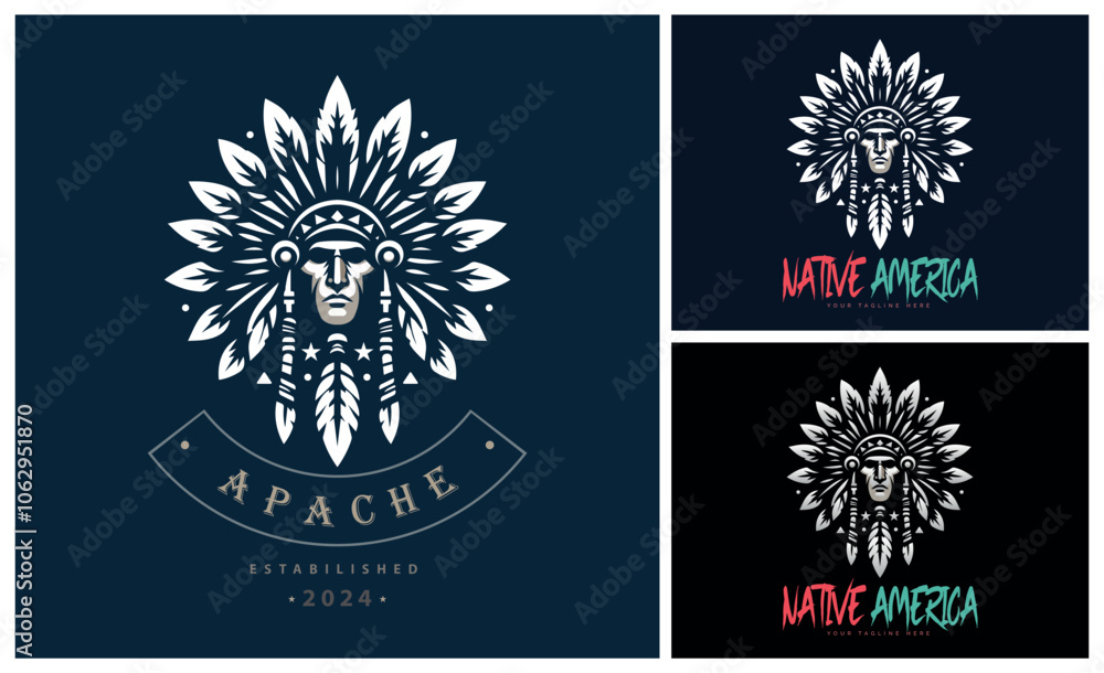 Apache indian aztec native american warrior tribes face head logo set ...