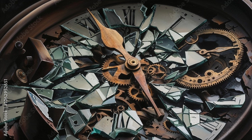 A clock with roman numerals and broken glass. The hands are pointing to ...