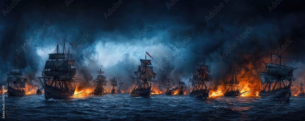 Historical ships in battle, flames and smoke, dramatic ocean scene ...