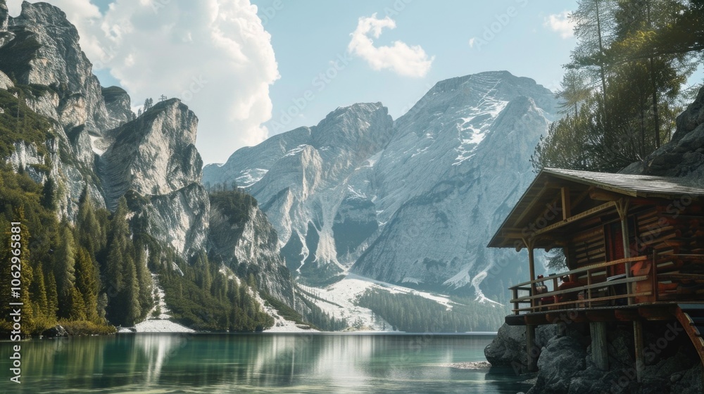 Bavarian cabin with wooden deck, overlooking tranquil mountain lake ...