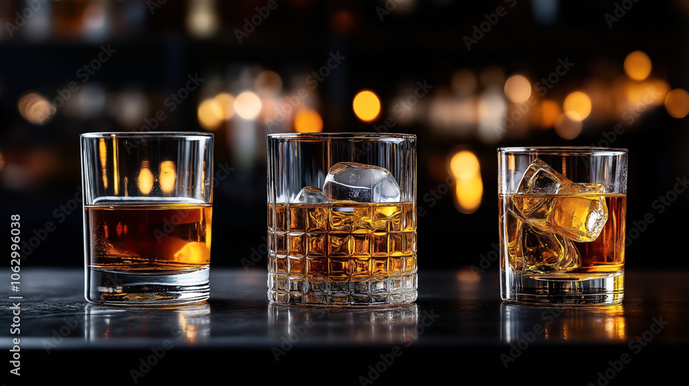Three glasses of whiskey on a dimly lit bar counter, two with ice cubes, in focus with a bokeh ...