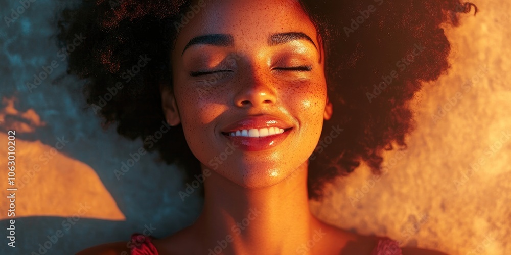 A stunning, joyful African American woman with glowing, unblemished ...