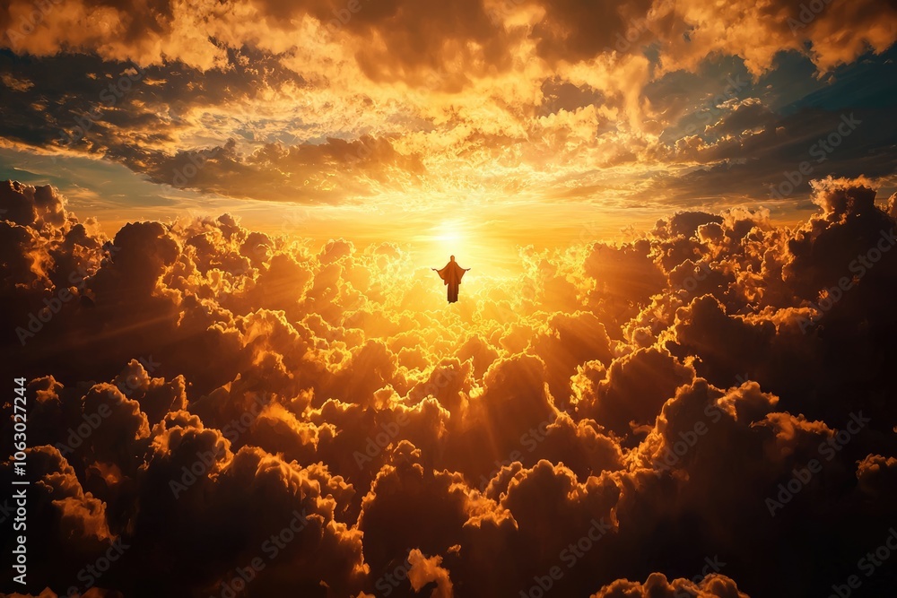 Jesus ascending into the clouds, enveloped in bright light and heavenly ...
