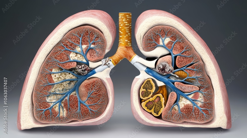 Detailed diagram of human lungs, respiratory system, bronchi ...